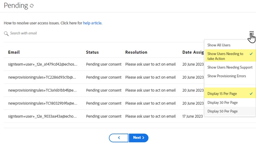 Users Pending. Provisioned users with errors